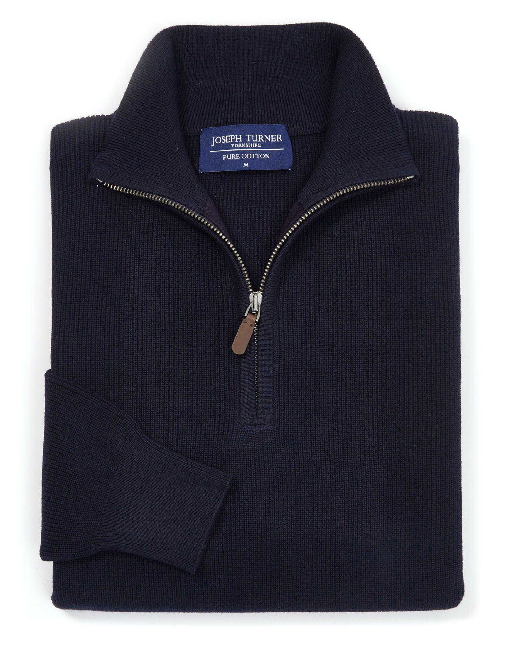 Ribbed Cotton Jumper Half Zip - Navy
